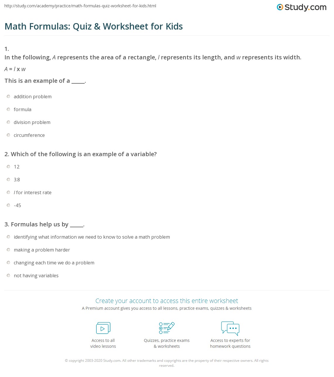 Math Formula Worksheet