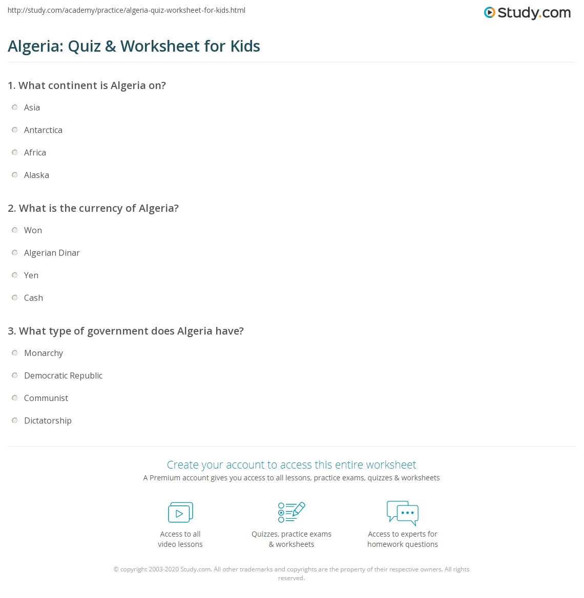 Algeria: Quiz & Worksheet for Kids | Study.com