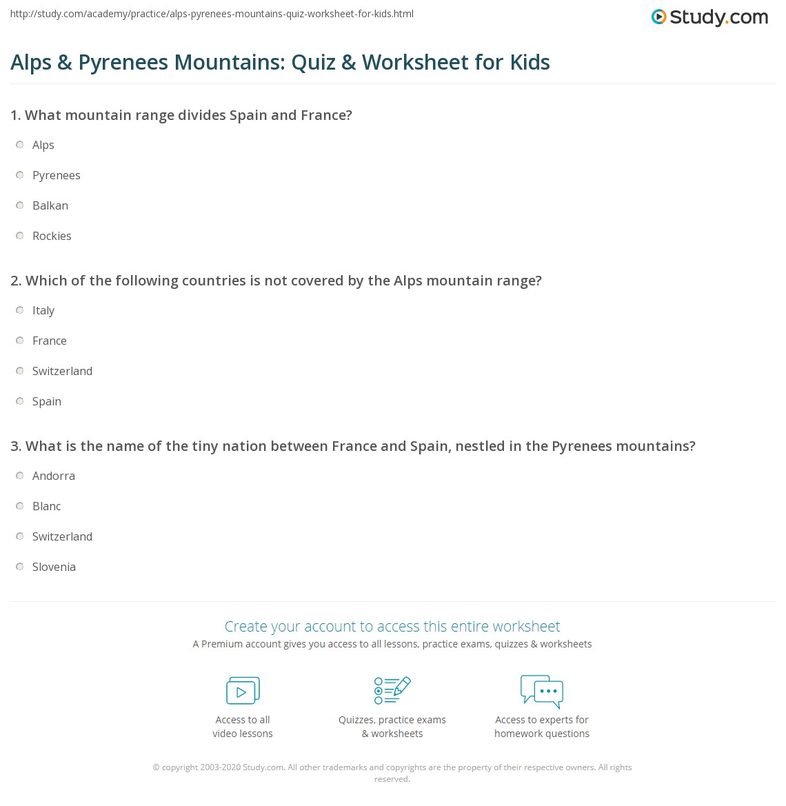 Alps & Pyrenees Mountains: Quiz & Worksheet for Kids | Study.com