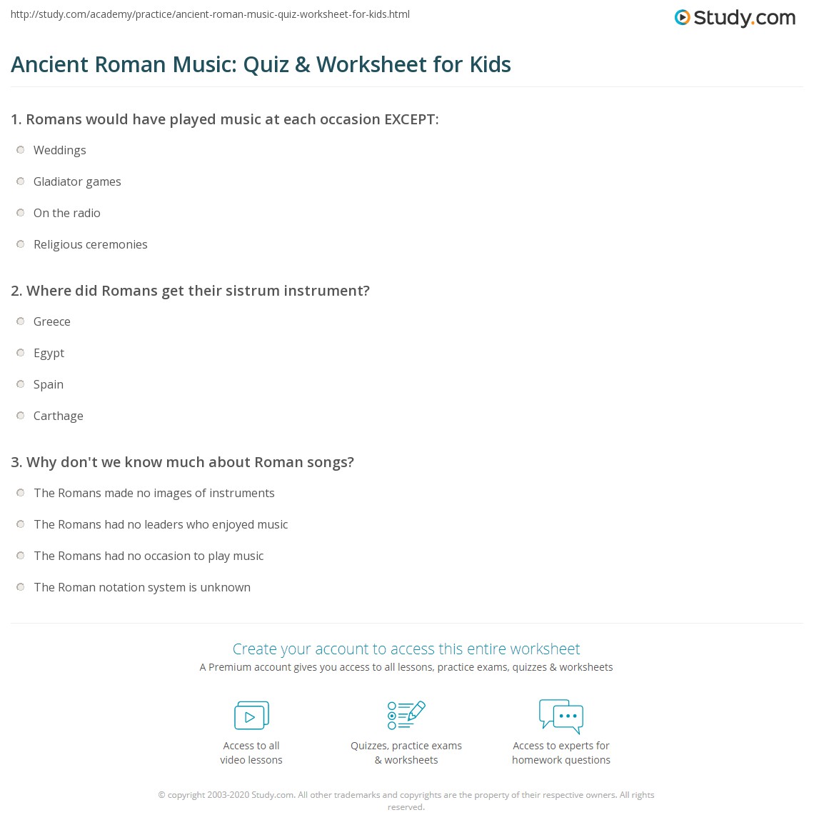 Ancient Roman Music: Quiz & Worksheet for Kids | Study.com