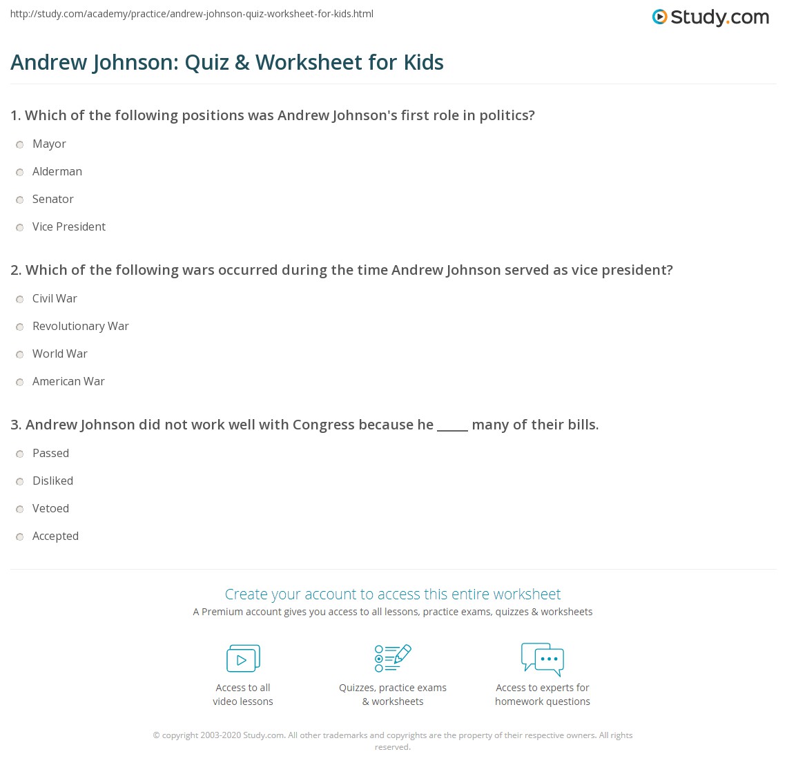 Andrew Johnson: Quiz & Worksheet for Kids | Study.com