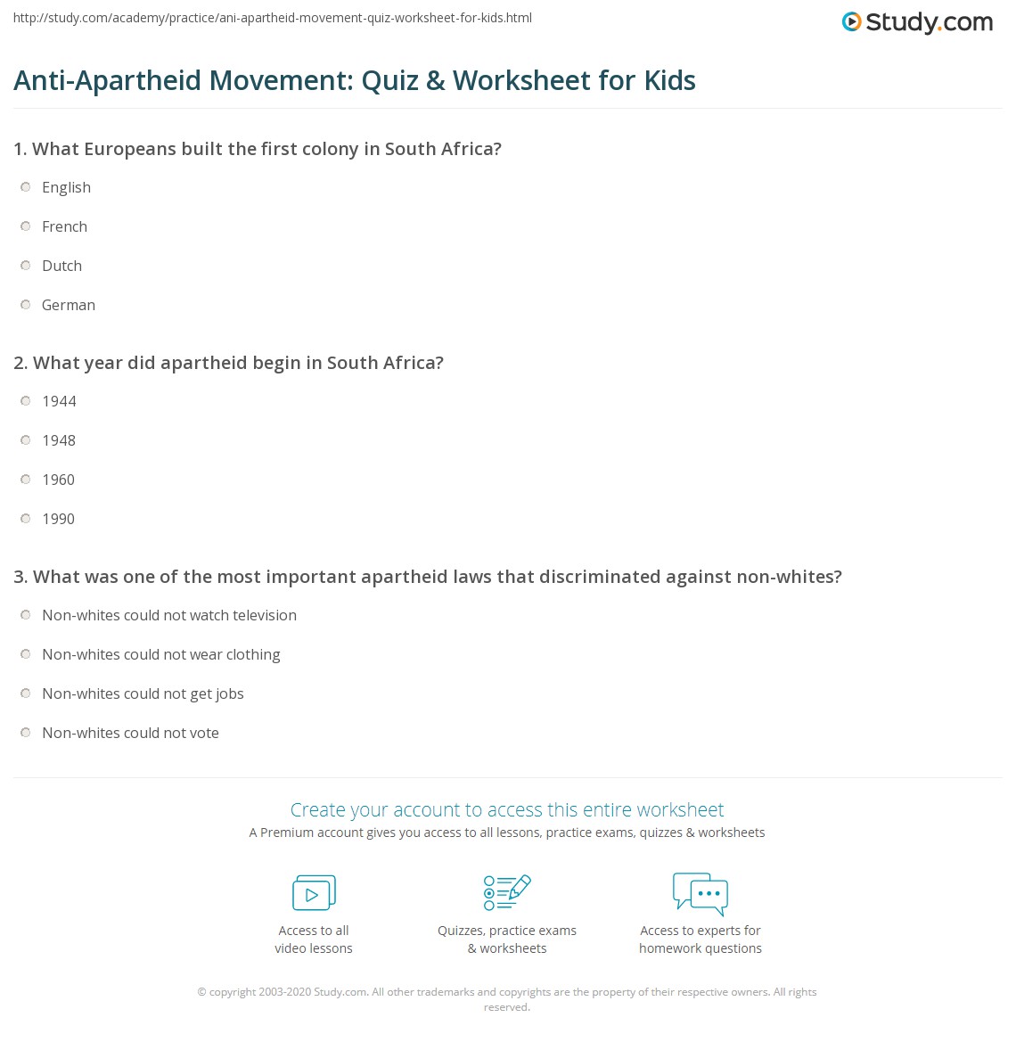 Anti-Apartheid Movement: Quiz & Worksheet for Kids | Study.com