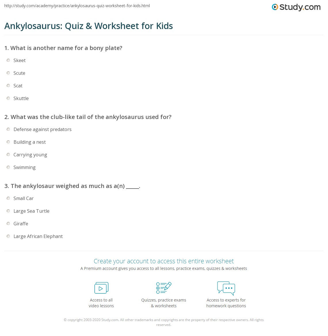 Ankylosaurus: Quiz & Worksheet for Kids | Study.com