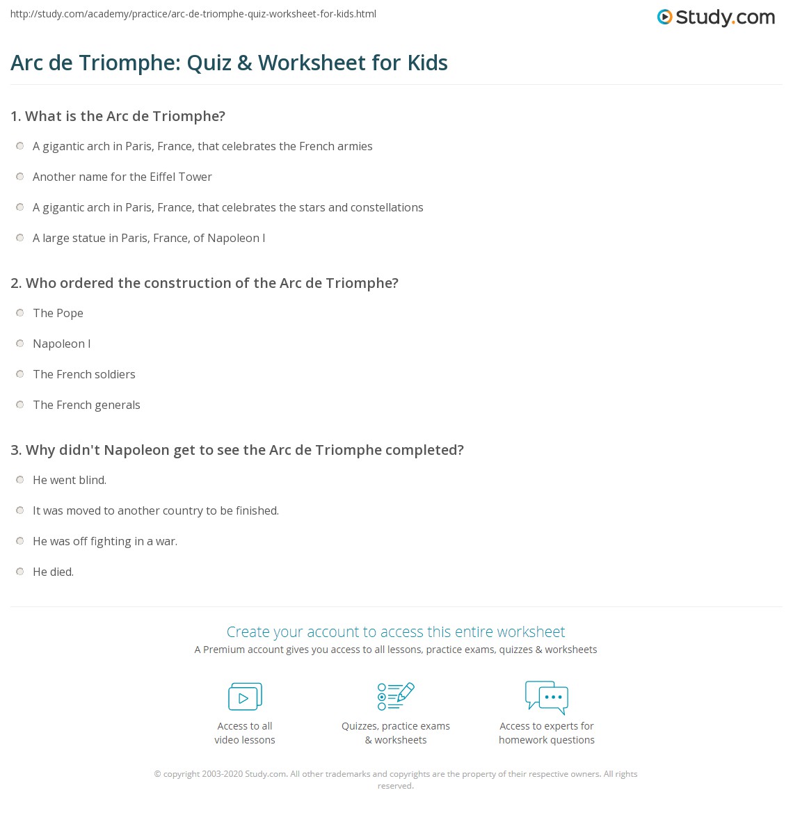 Arc de Triomphe: Quiz & Worksheet for Kids | Study.com