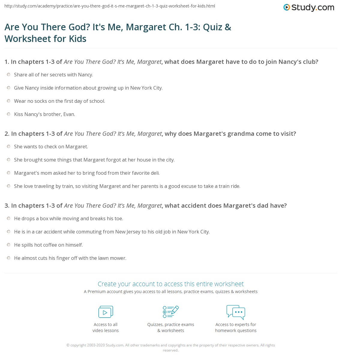 Are You There God? It's Me, Margaret Ch. 1-3: Quiz & Worksheet for Kids ...
