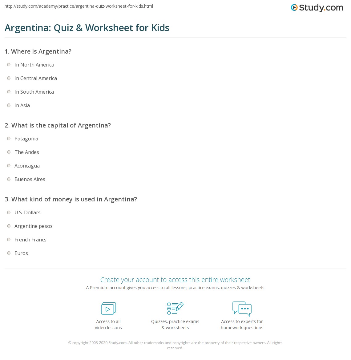 Argentina: Quiz & Worksheet for Kids | Study.com