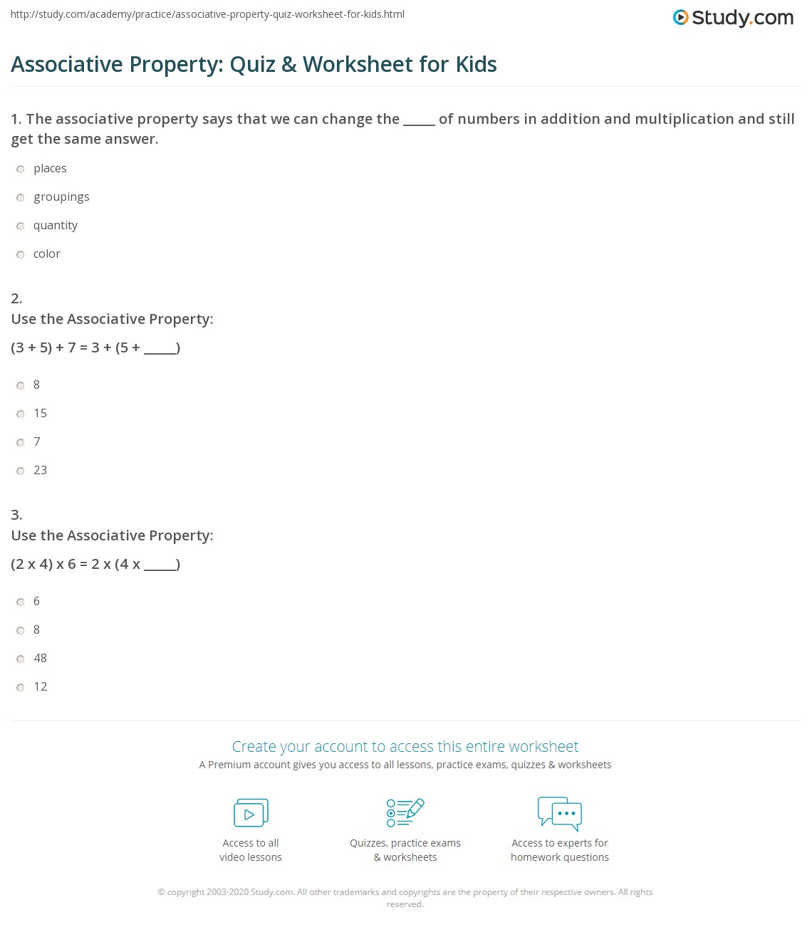 Associative Property: Quiz & Worksheet for Kids | Study.com