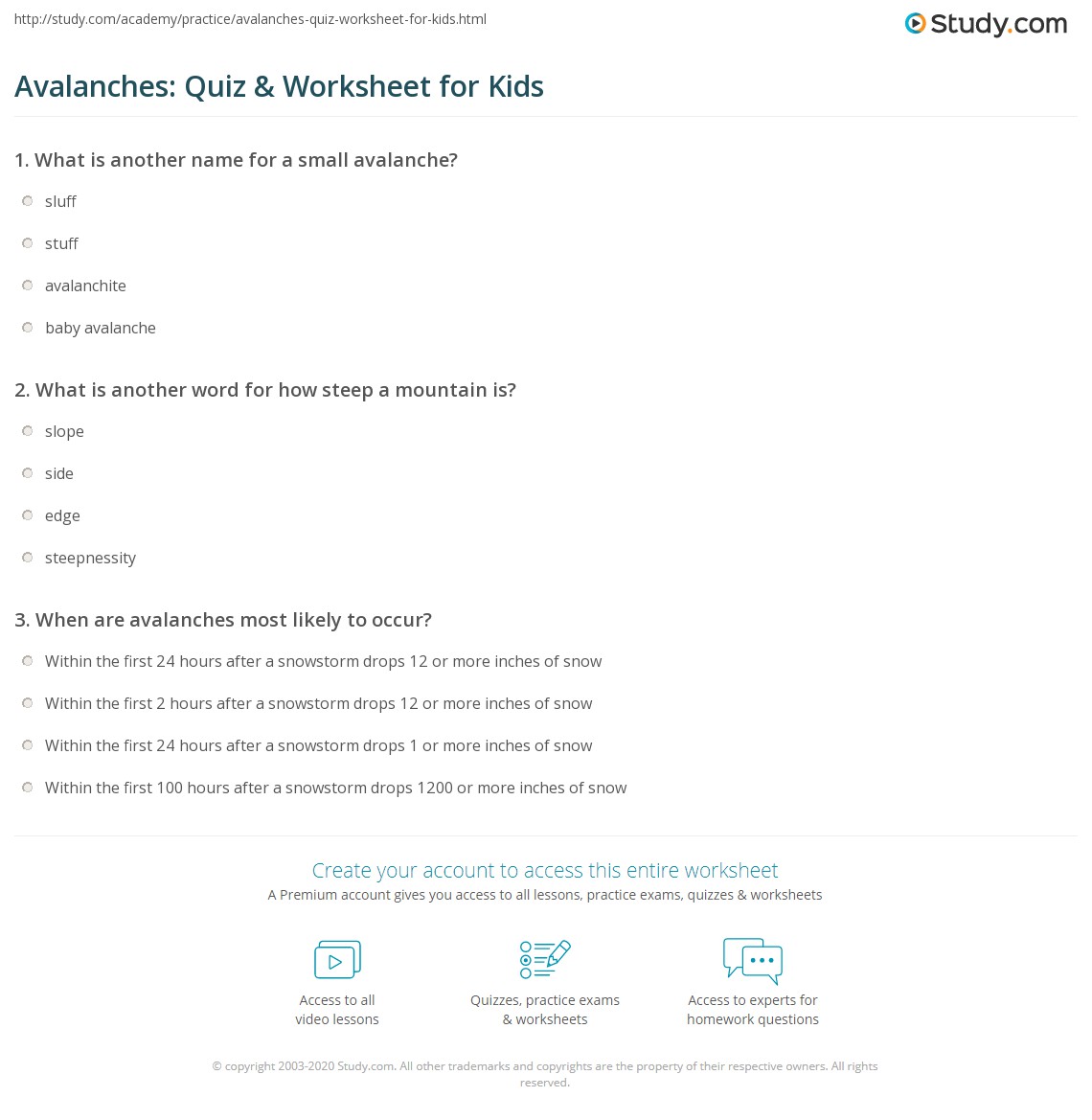 Avalanches: Quiz & Worksheet for Kids | Study.com