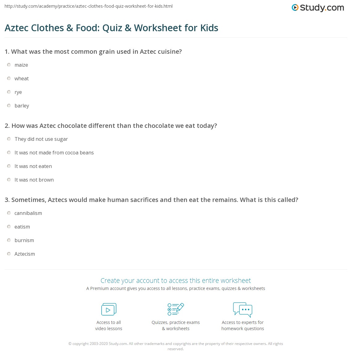Aztec Clothes & Food: Quiz & Worksheet for Kids | Study.com