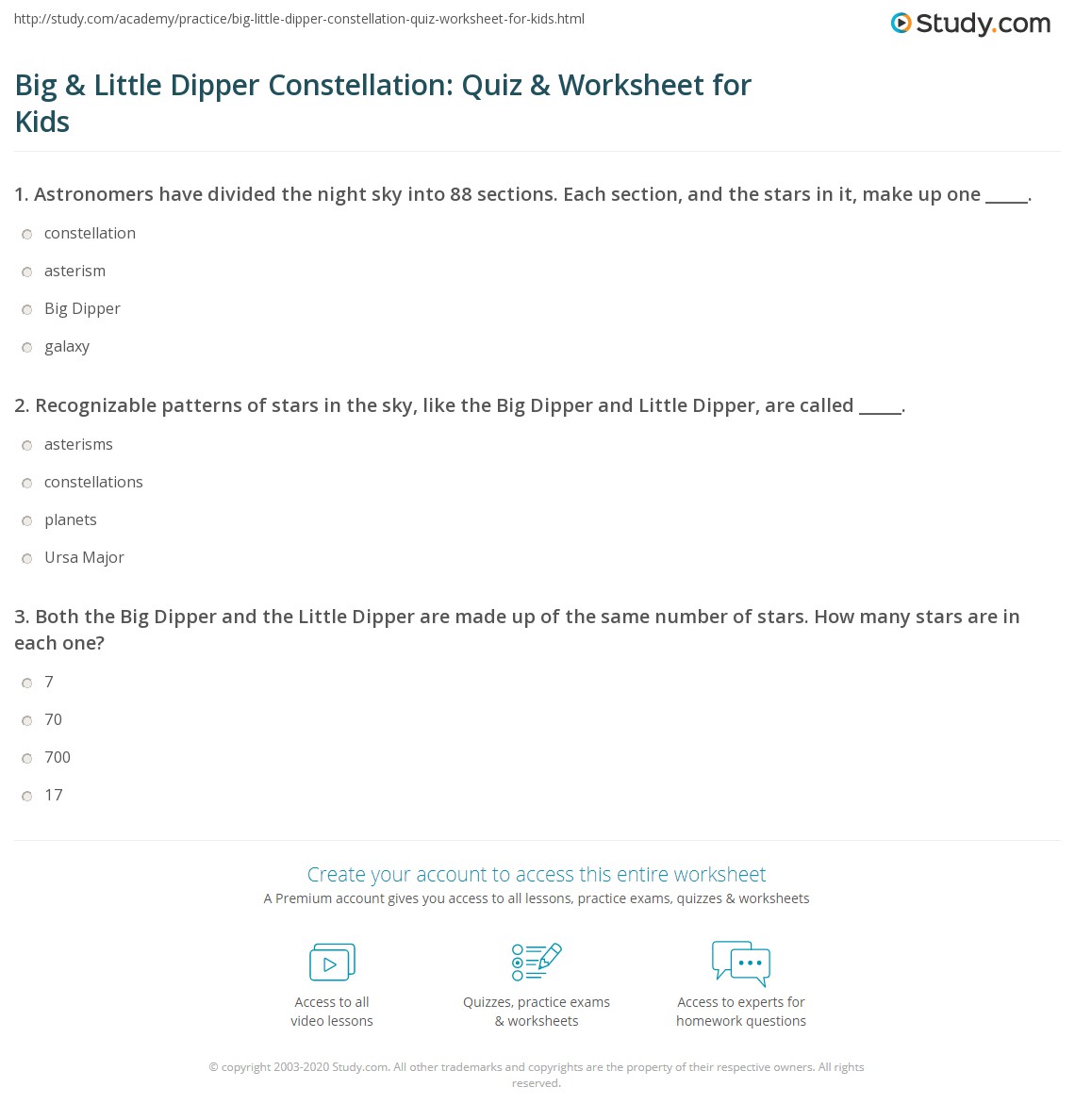 Big & Little Dipper Constellation: Quiz & Worksheet for Kids | Study.com