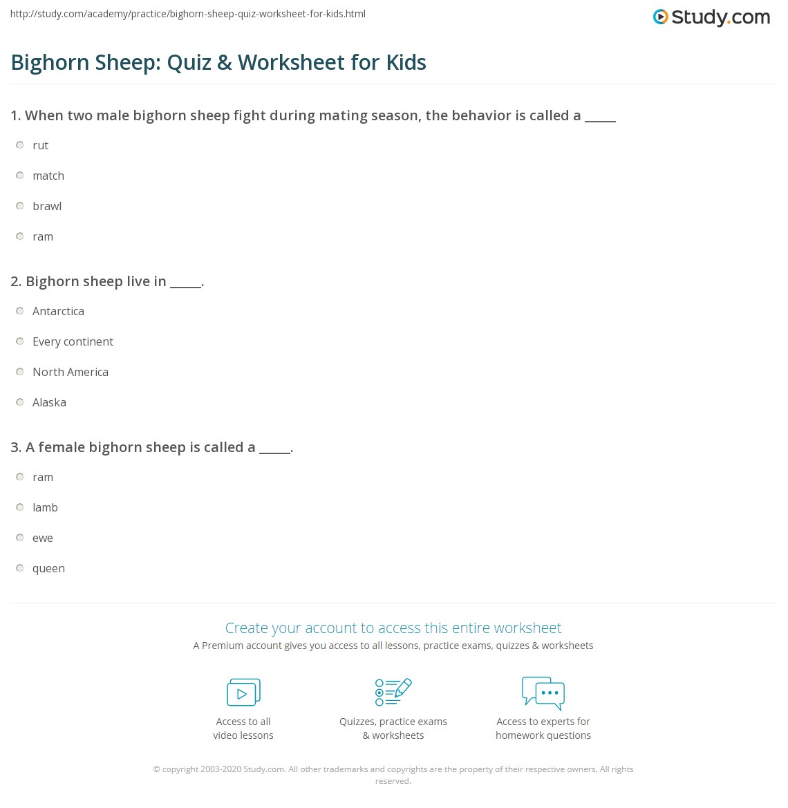 Bighorn Sheep: Quiz & Worksheet for Kids | Study.com