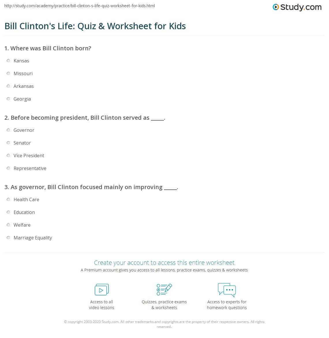 Bill Clinton's Life: Quiz & Worksheet for Kids | Study.com