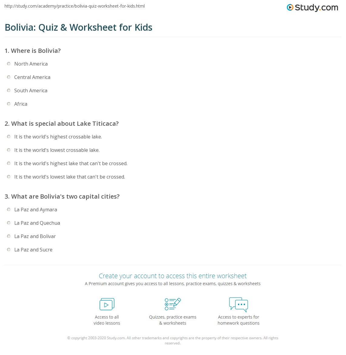 Bolivia: Quiz & Worksheet for Kids | Study.com