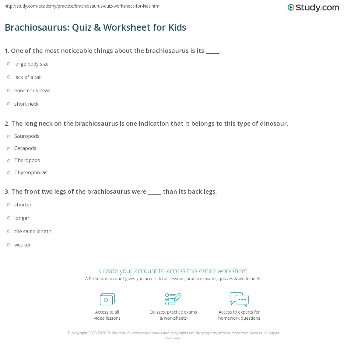 Brachiosaurus: Quiz & Worksheet for Kids | Study.com