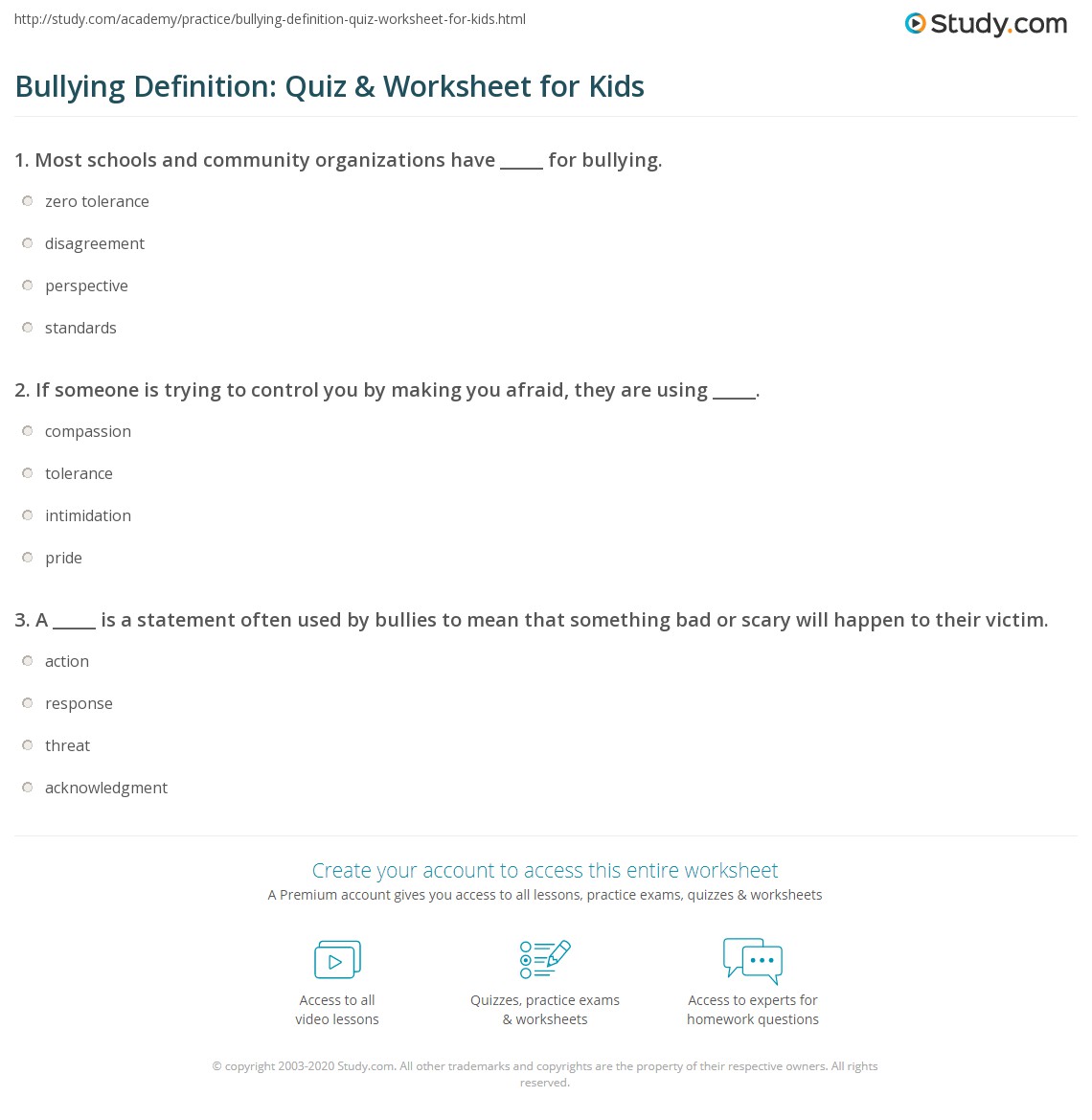 Bullying Definition: Quiz & Worksheet for Kids | Study.com
