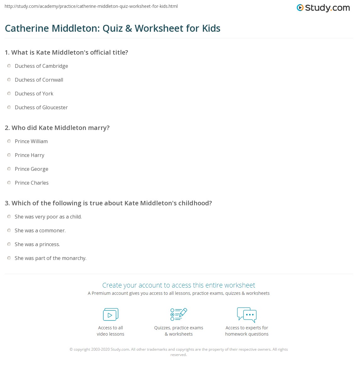Catherine Middleton: Quiz & Worksheet for Kids | Study.com