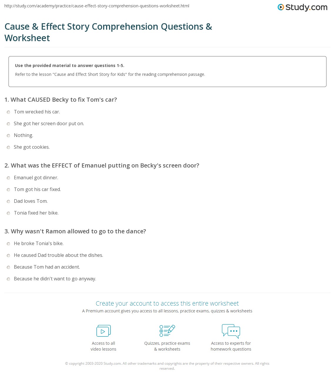 Cause Effect Story Comprehension Questions Worksheet Study Cause Effect Story Comprehension Questions Worksheet Study