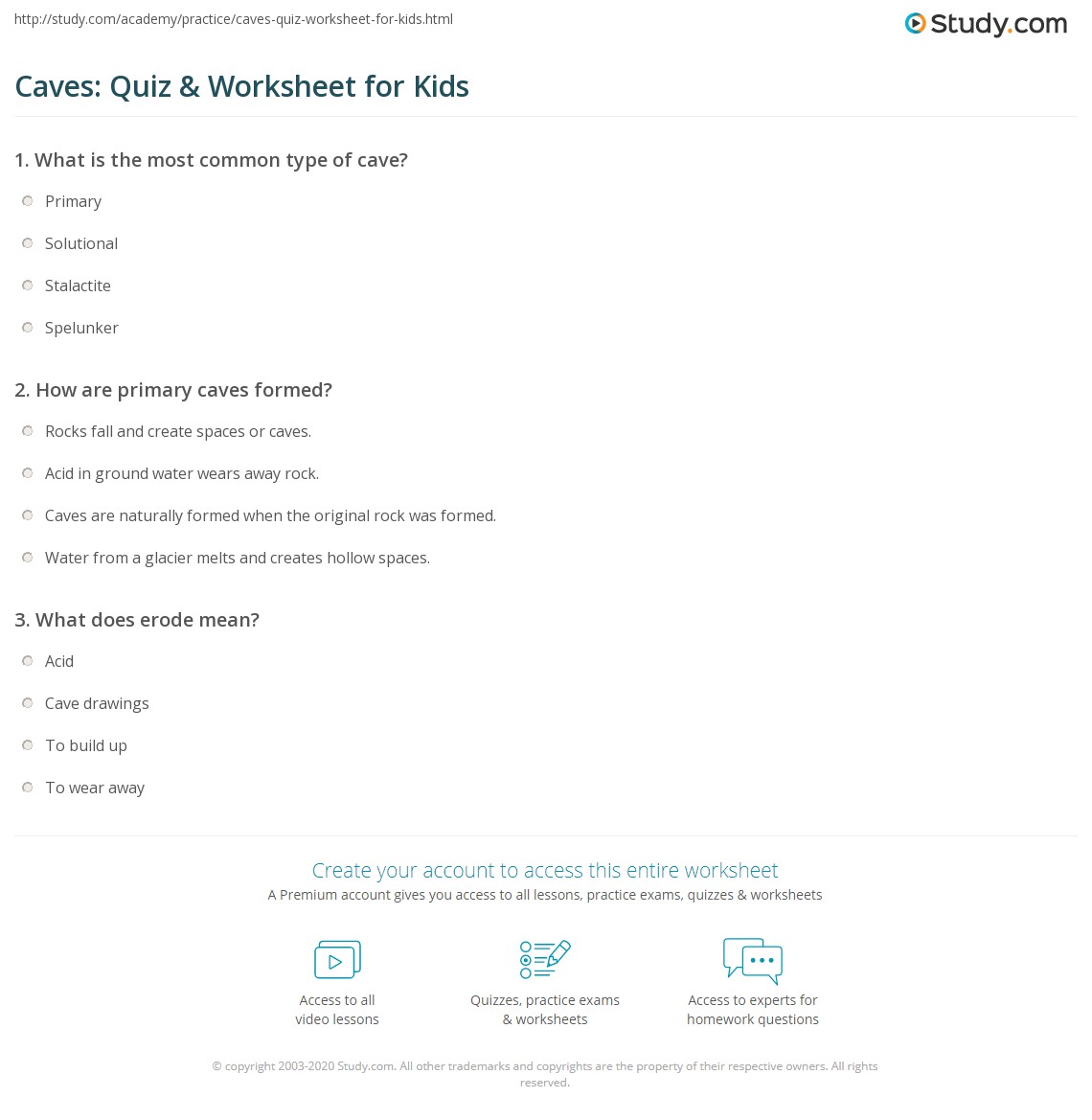 Caves Quiz Worksheet For Kids Study