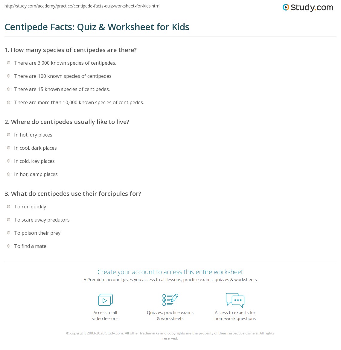 Centipede Facts: Quiz & Worksheet for Kids | Study.com