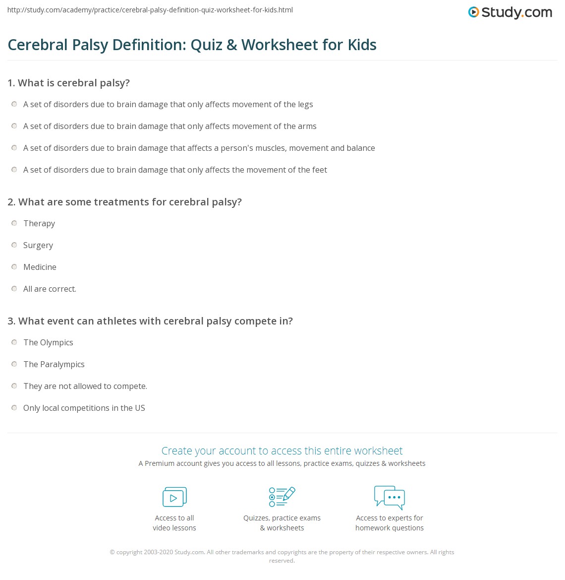 Cerebral Palsy Definition: Quiz & Worksheet for Kids | Study.com