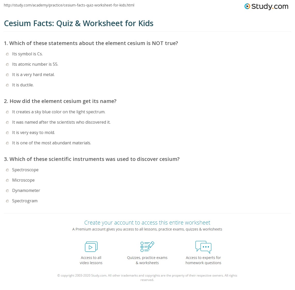 Cesium Facts: Quiz & Worksheet for Kids | Study.com
