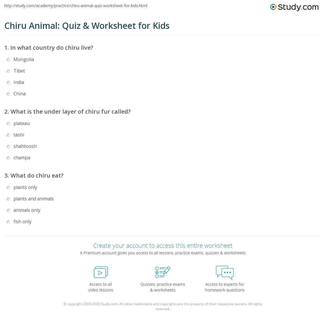Chiru Animal: Quiz & Worksheet for Kids | Study.com
