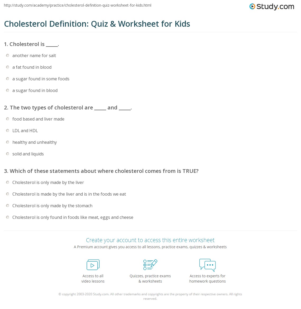 Cholesterol Definition: Quiz & Worksheet for Kids | Study.com