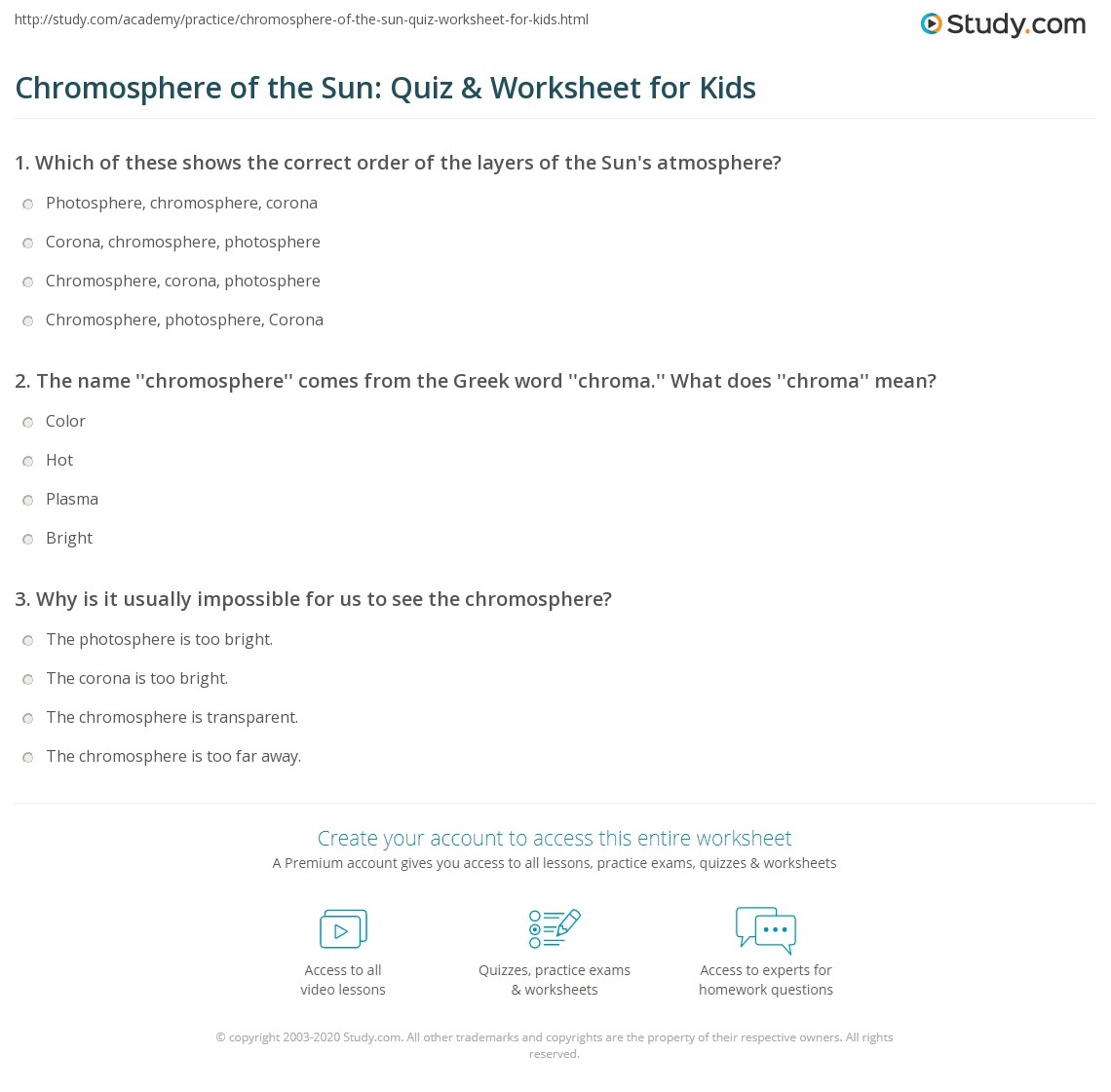 Chromosphere of the Sun: Quiz & Worksheet for Kids | Study.com