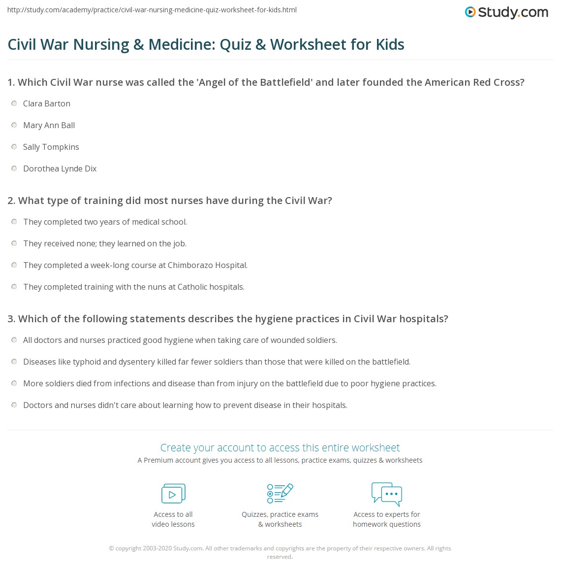 Civil War Nursing & Medicine: Quiz & Worksheet for Kids | Study.com