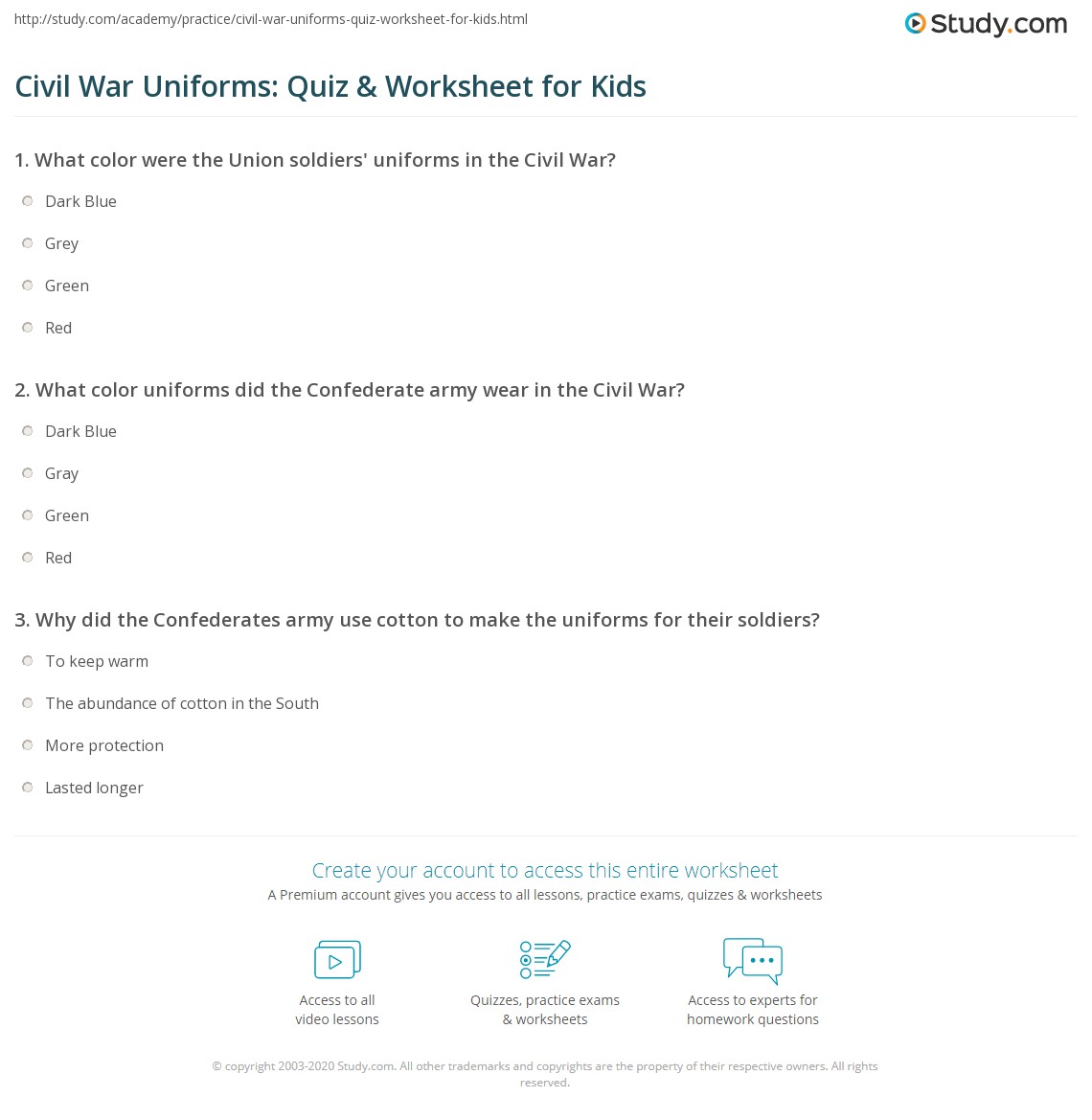 Civil War Uniforms: Quiz & Worksheet for Kids | Study.com