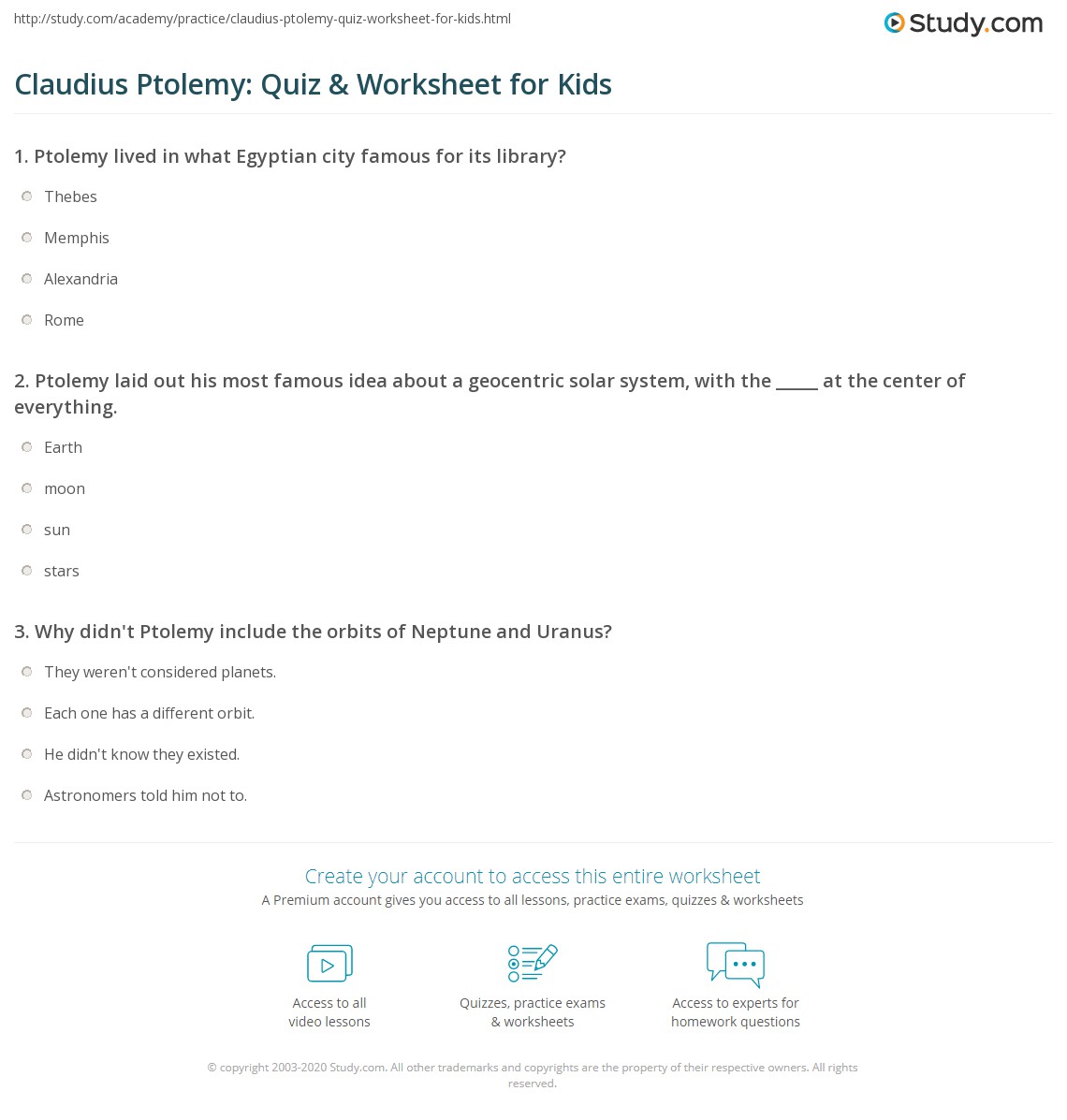 Claudius Ptolemy: Quiz & Worksheet for Kids | Study.com