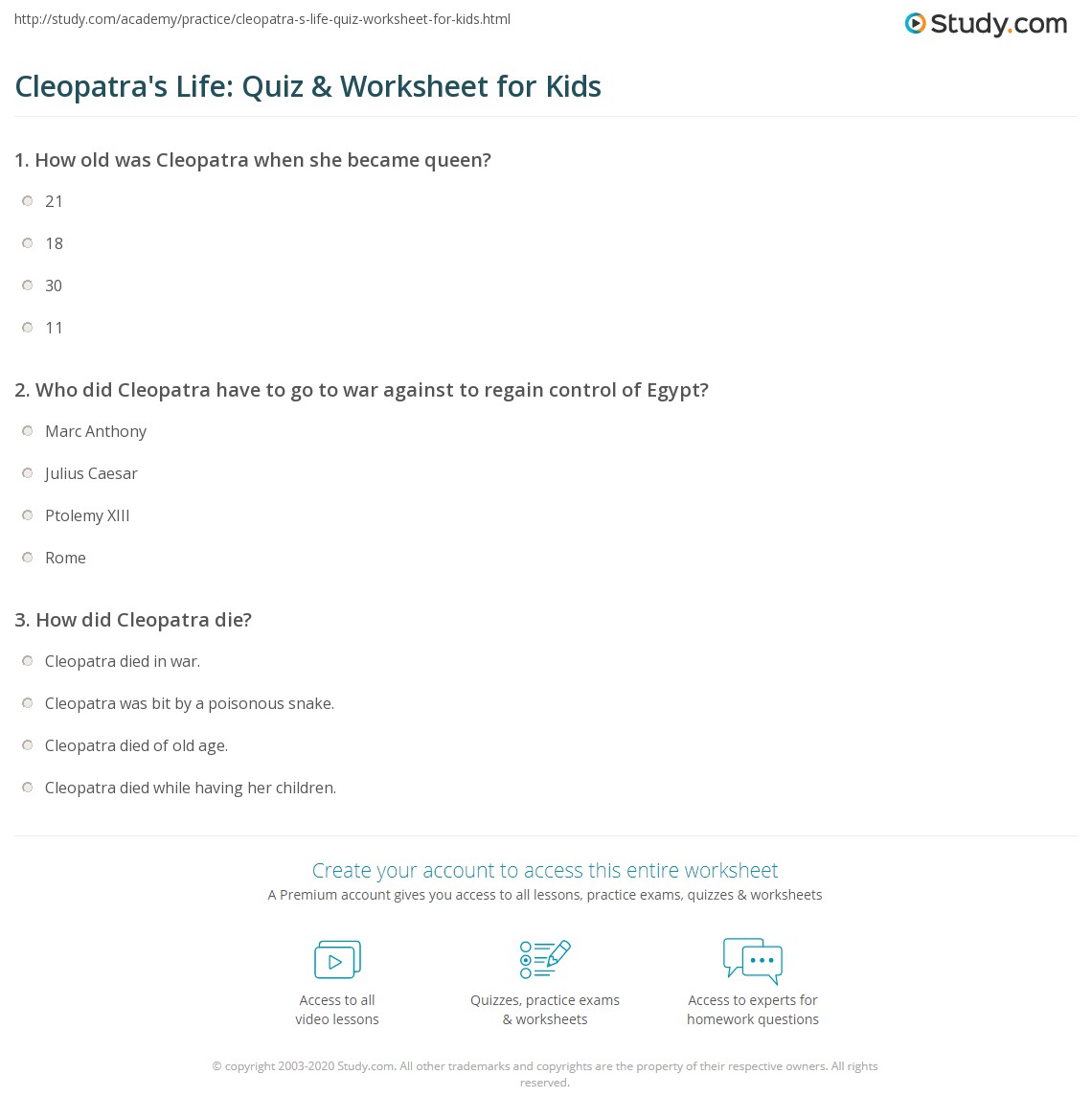 Cleopatra's Life: Quiz & Worksheet for Kids | Study.com