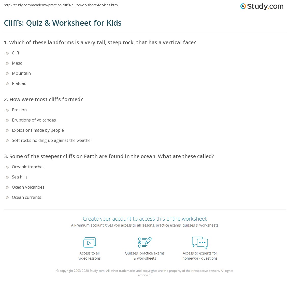 Cliffs: Quiz & Worksheet for Kids | Study.com