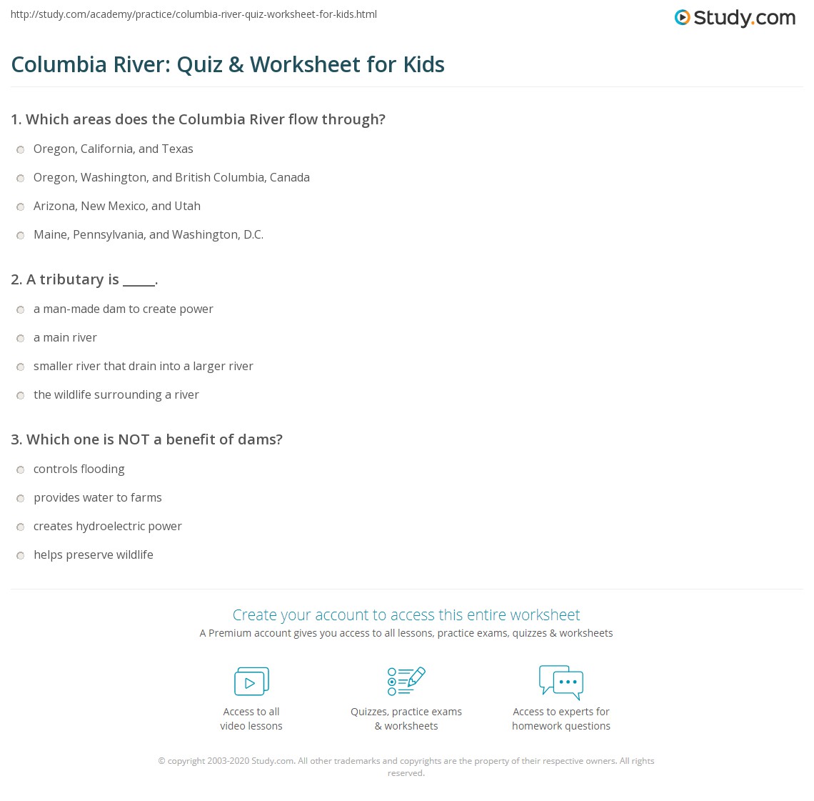 Columbia River: Quiz & Worksheet for Kids | Study.com