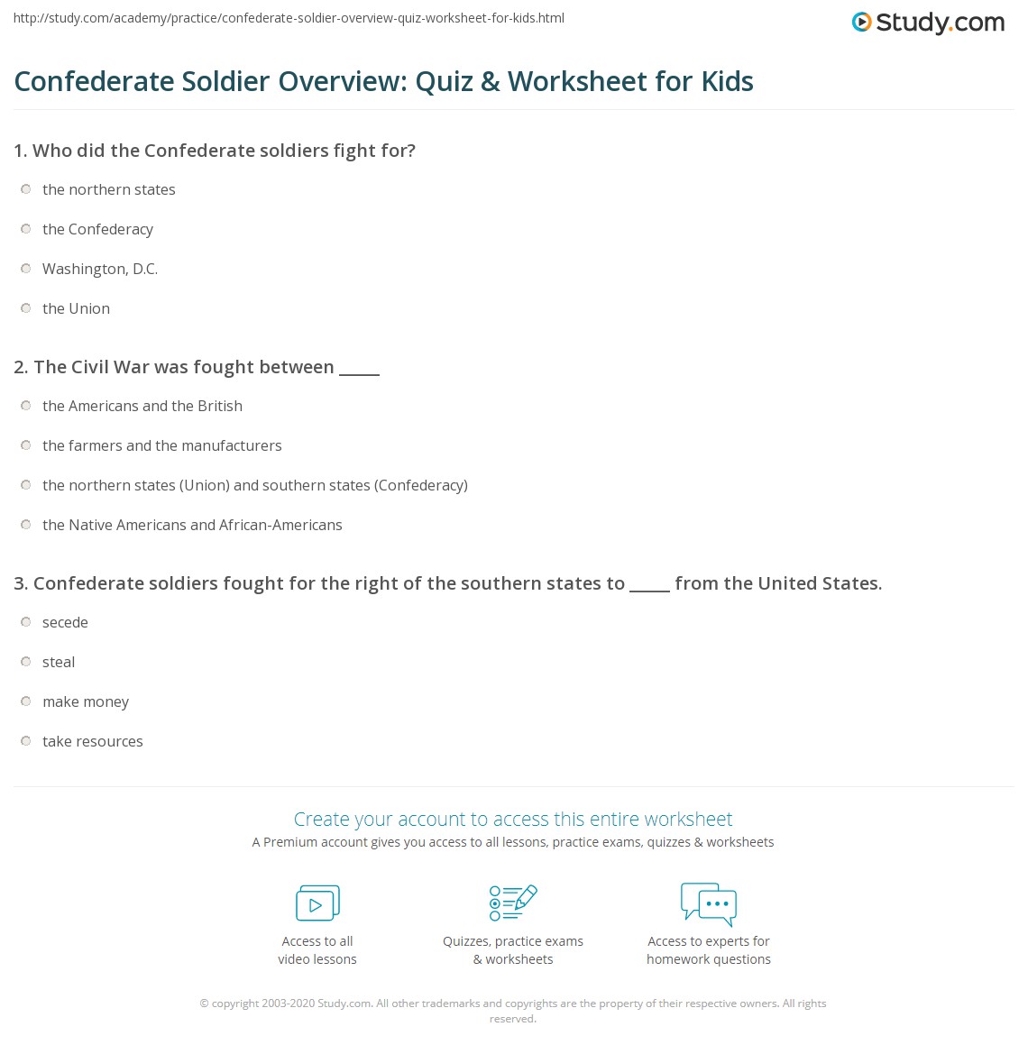 Confederate Soldier Overview: Quiz & Worksheet for Kids | Study.com