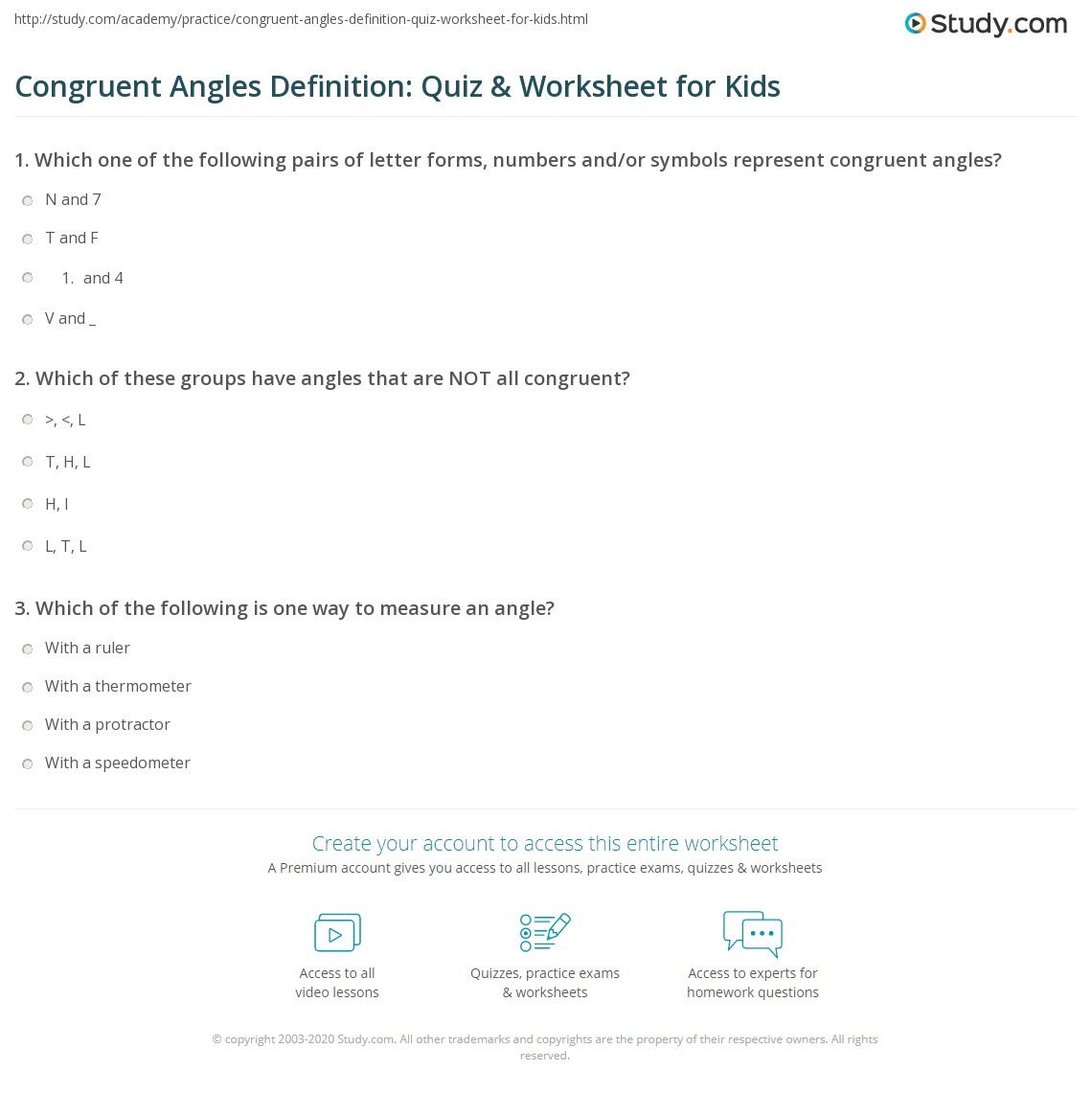 Congruent Angles Definition: Quiz & Worksheet for Kids | Study.com