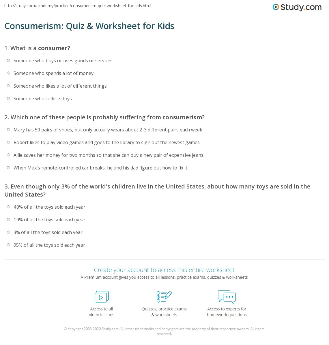Consumerism: Quiz & Worksheet for Kids | Study.com