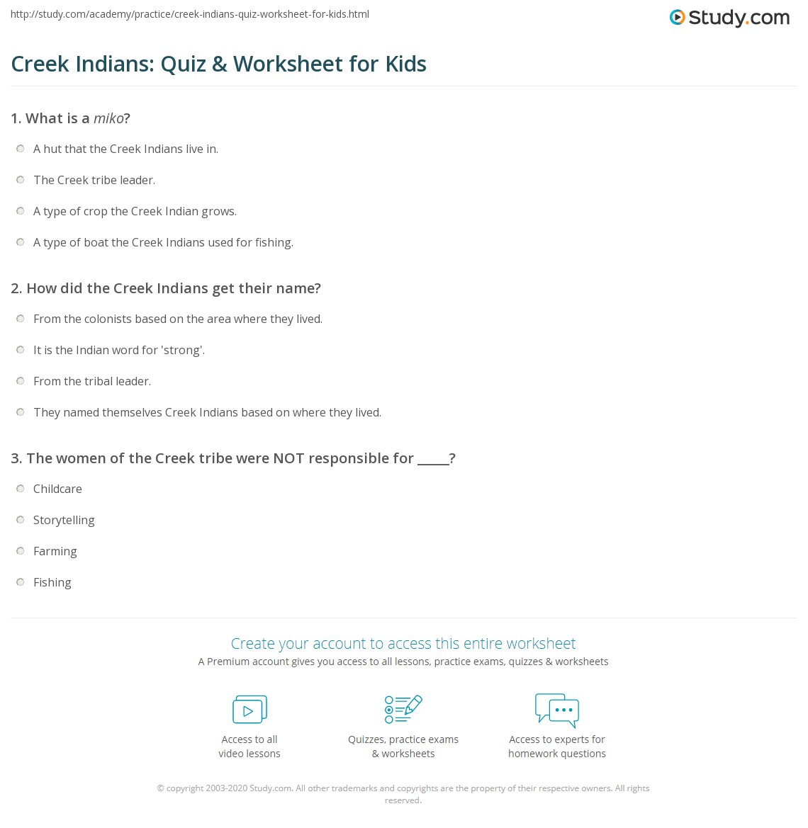 Creek Indians: Quiz & Worksheet for Kids | Study.com