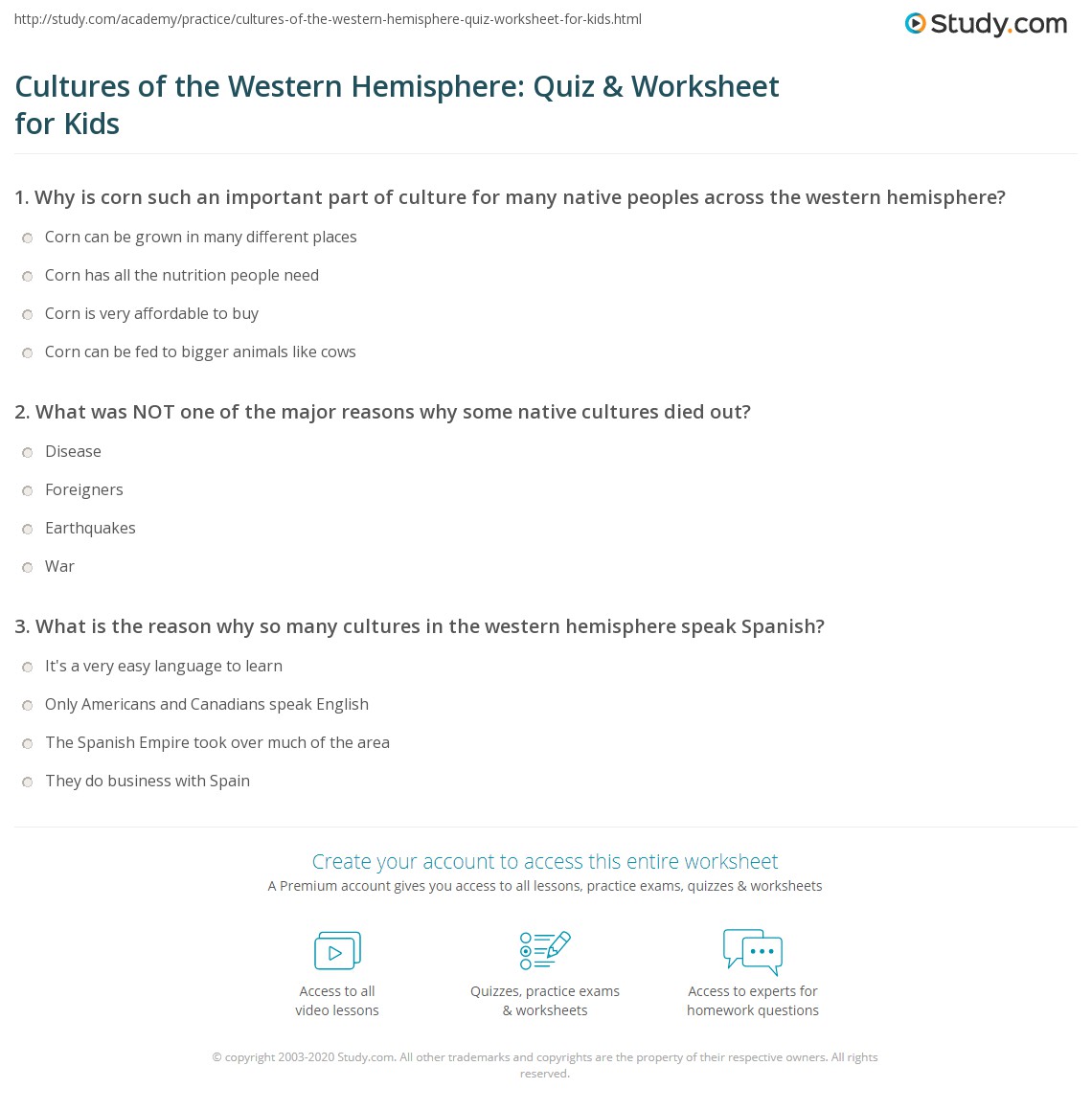 Cultures of the Western Hemisphere: Quiz & Worksheet for Kids | Study.com