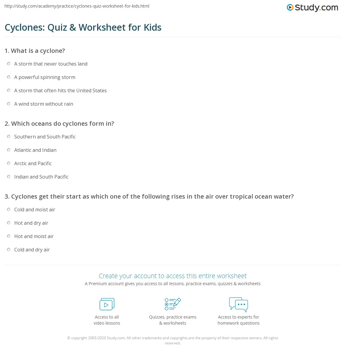 Cyclones: Quiz & Worksheet for Kids | Study.com
