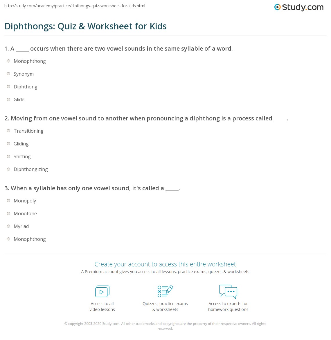 Diphthongs: Quiz & Worksheet for Kids | Study.com
