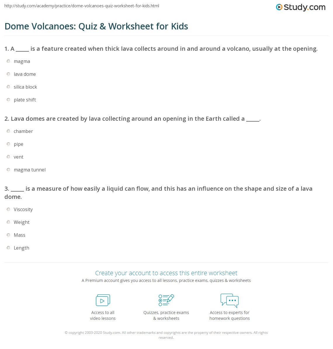 Dome Volcanoes: Quiz & Worksheet for Kids | Study.com