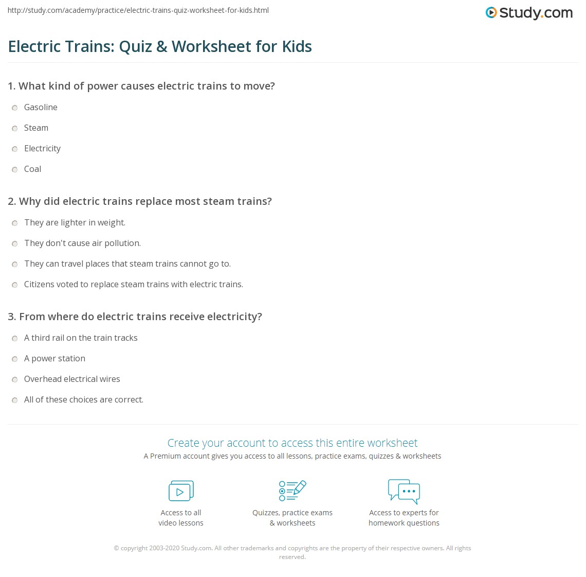 Electric Trains: Quiz & Worksheet for Kids | Study.com