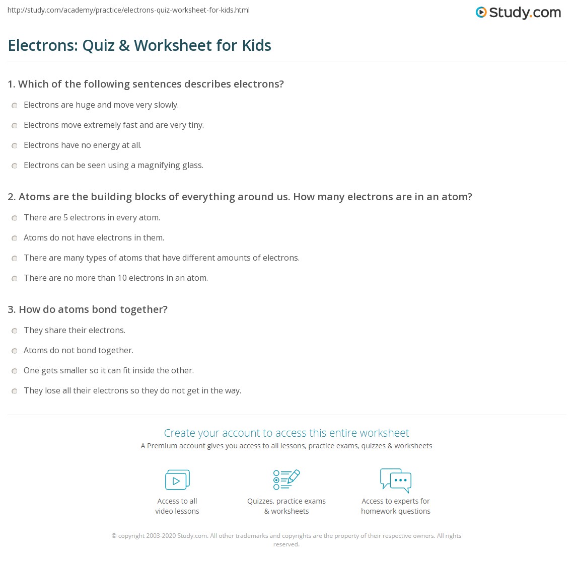 Electrons: Quiz & Worksheet for Kids | Study.com