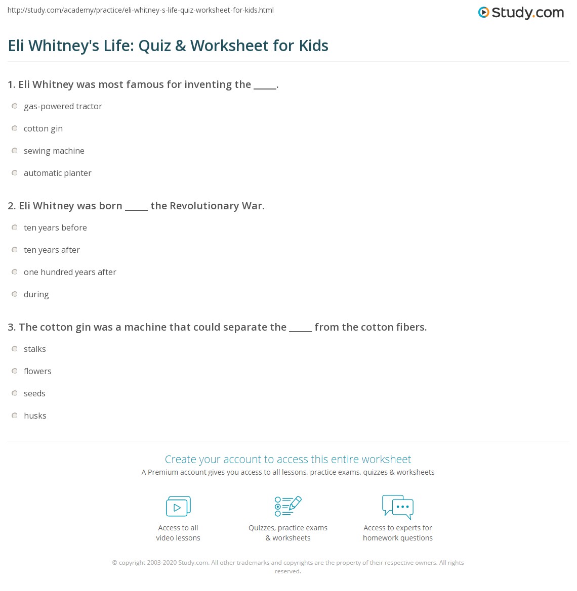 Eli Whitney's Life: Quiz & Worksheet for Kids | Study.com
