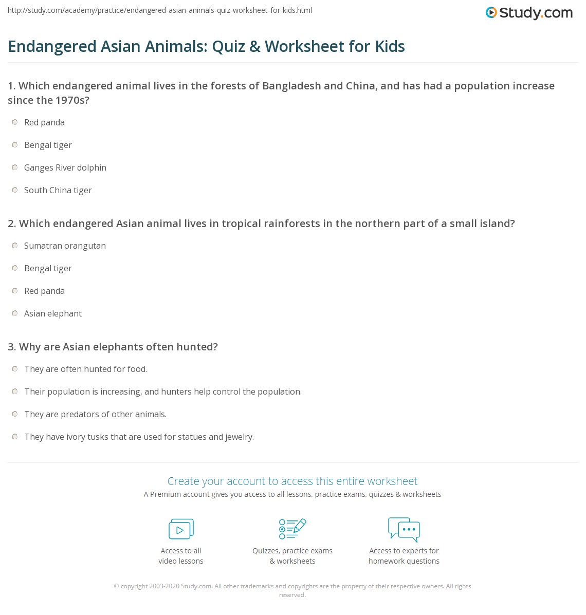 Endangered Asian Animals: Quiz & Worksheet for Kids | Study.com