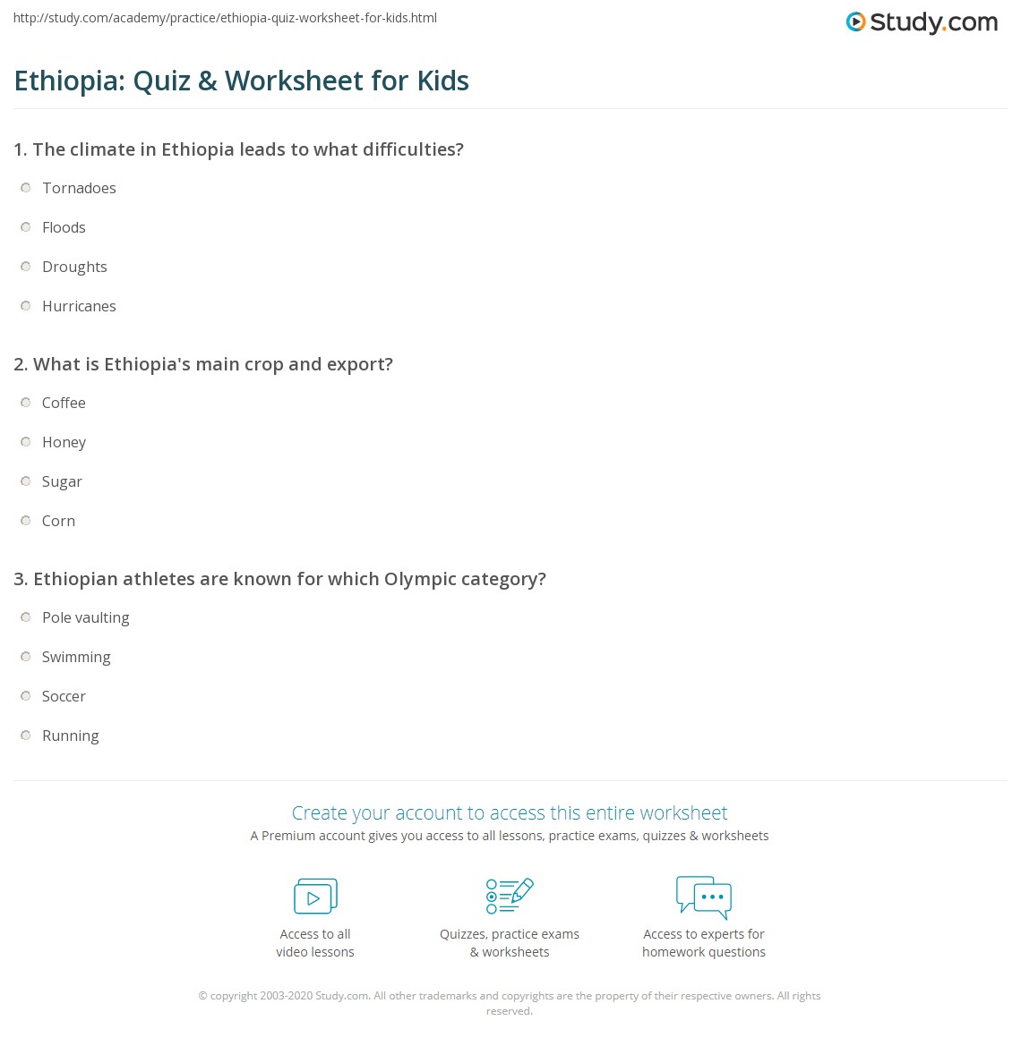 Ethiopia: Quiz & Worksheet for Kids | Study.com