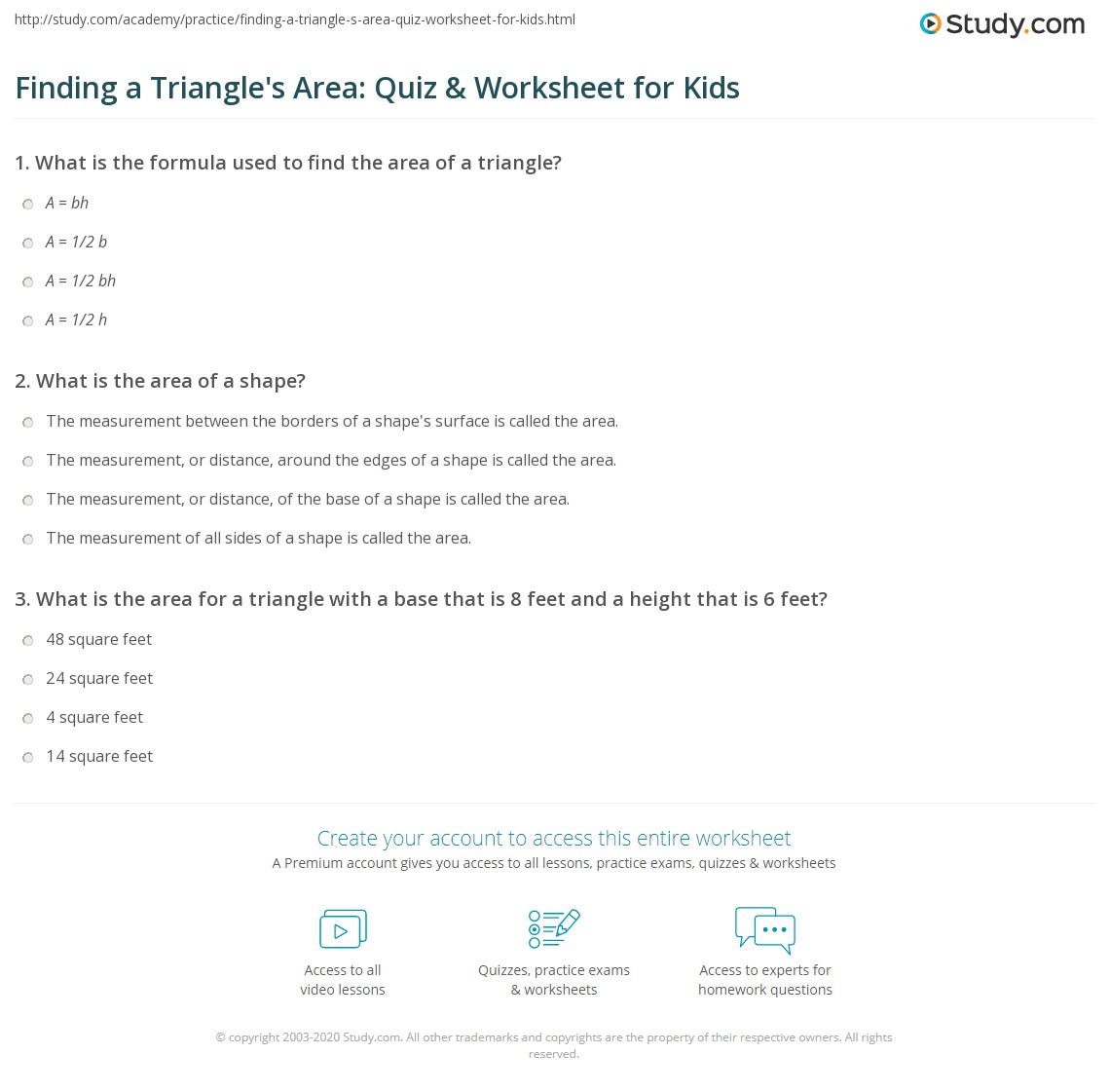 Finding a Triangle's Area: Quiz & Worksheet for Kids | Study.com