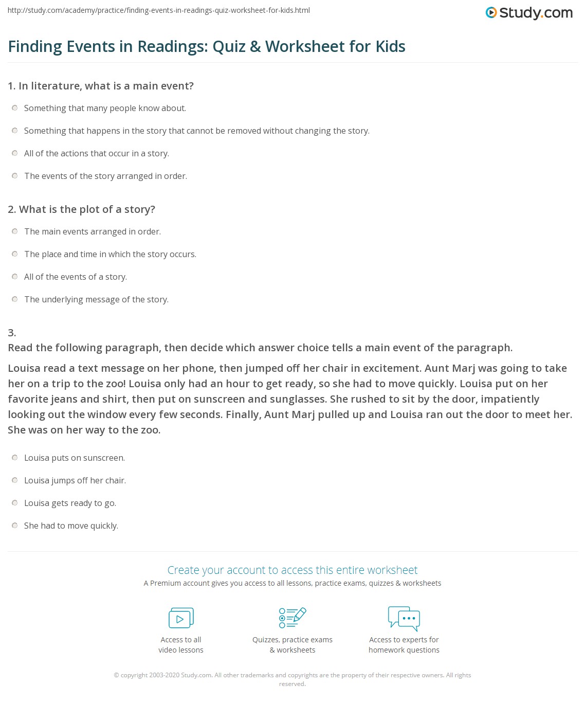 Finding Events in Readings: Quiz & Worksheet for Kids | Study.com