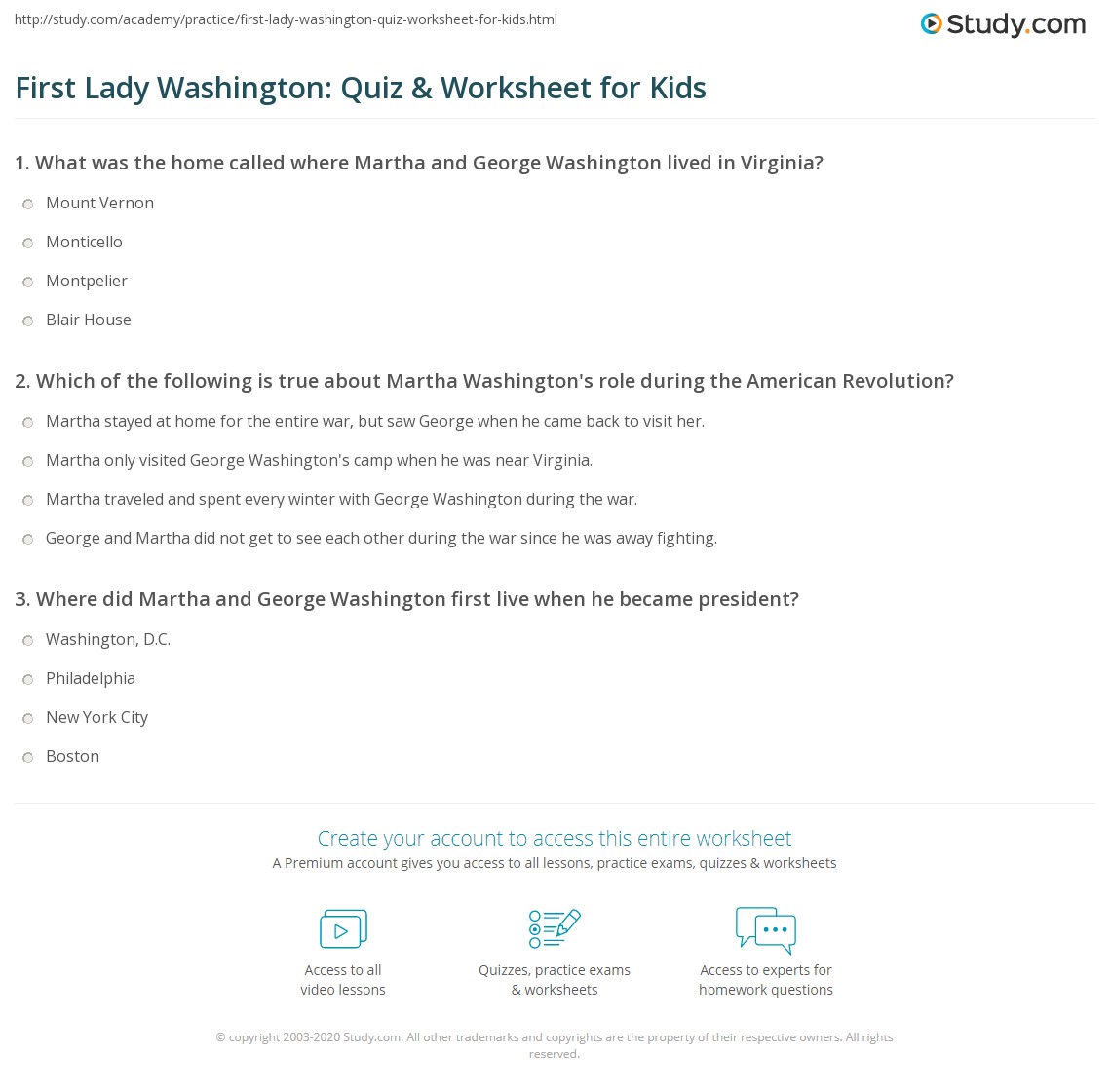First Lady Washington: Quiz & Worksheet for Kids | Study.com